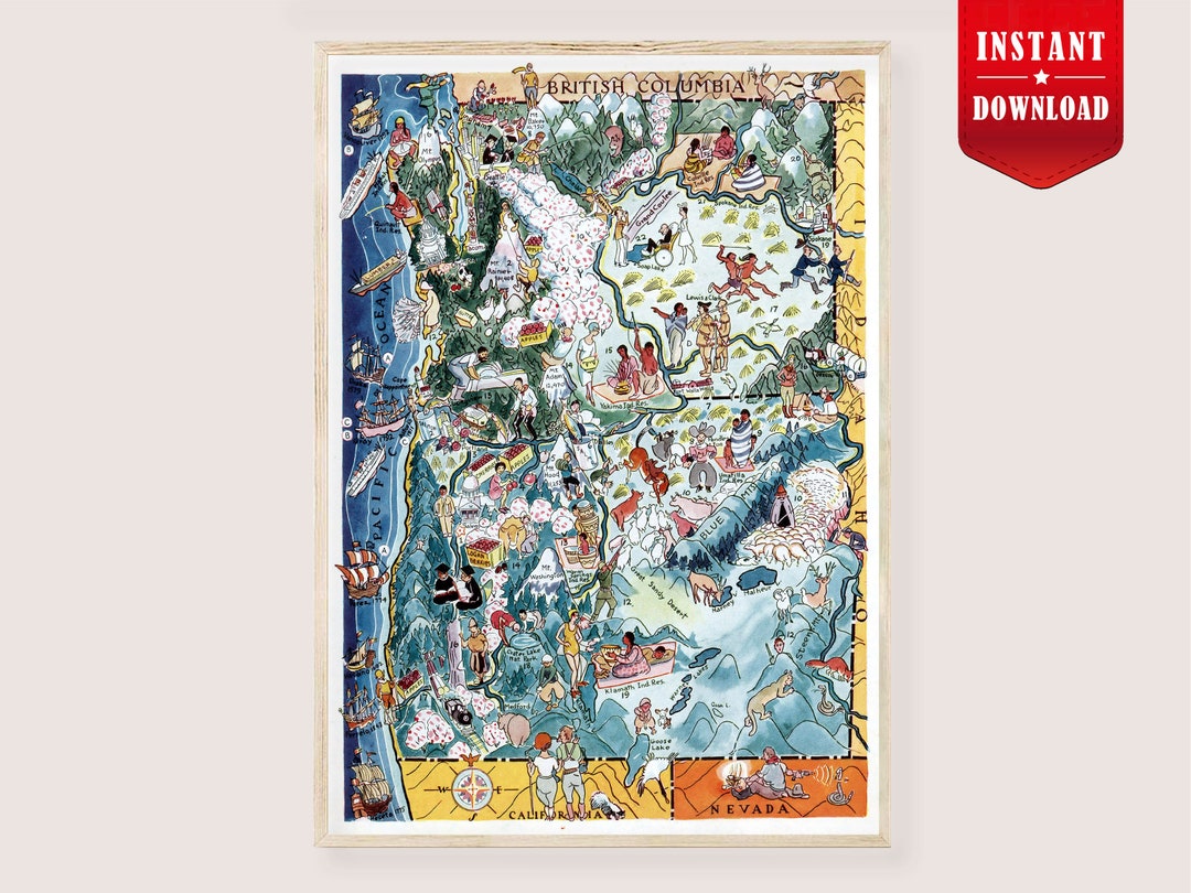 Oregon US Map Cartoon Print Digital - Pictorial Map US State Vintage ...