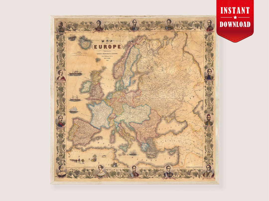 Old Map of Europe 1855 Poster Digital - Antique Europe Map Print, Vintage Map of Europe Antique ...