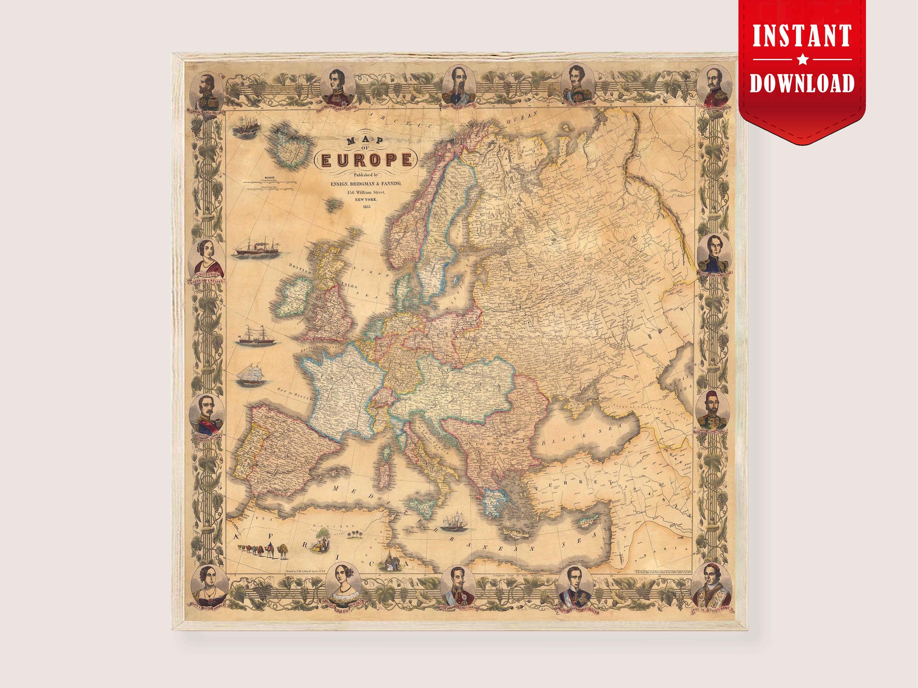 Old Map of Europe 1855 Poster Digital Antique Europe Map Print, Vintage ...