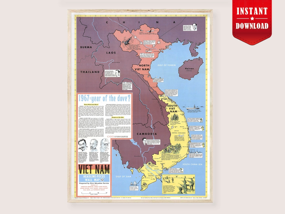 Vietnam Map 1967 Digital Pictorial Vietnam War Conflict Vintage ...