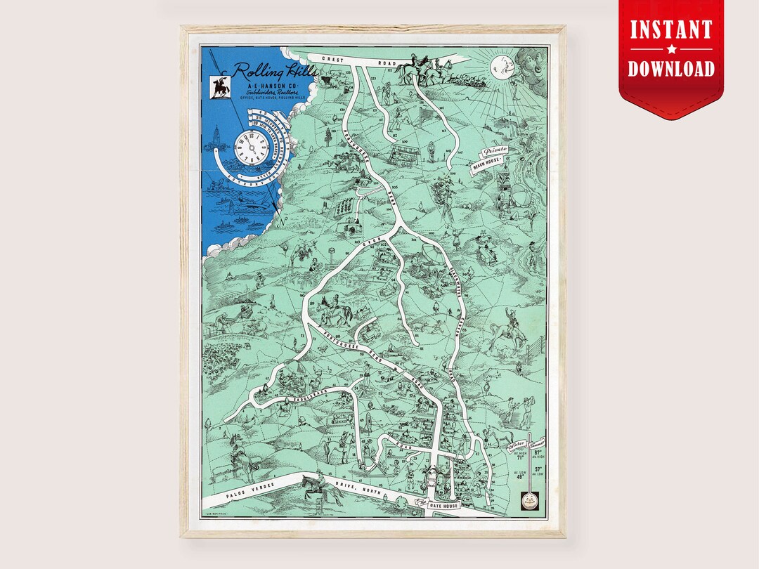 Rolling Hills Map Pictorial California Art Print Digital - Pictorial ...