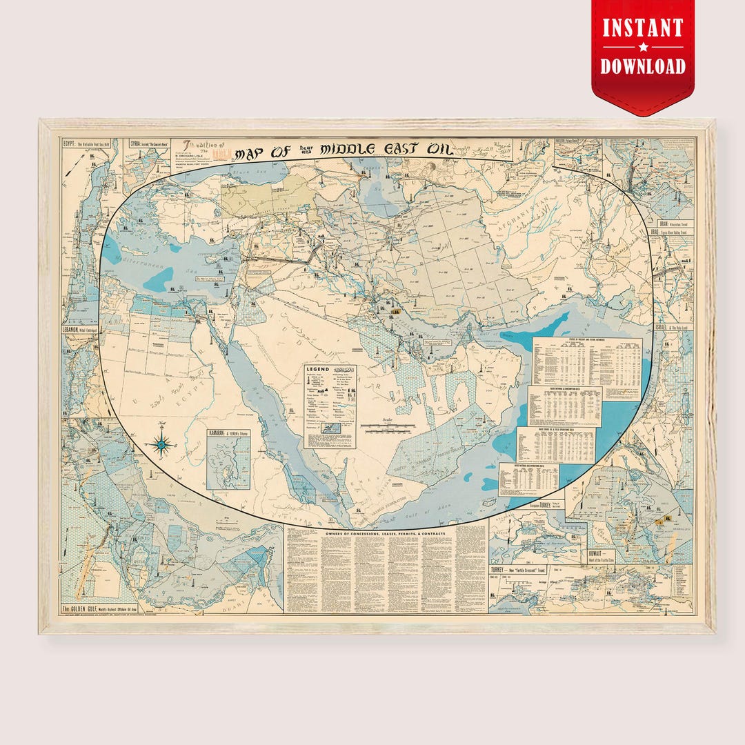 Middle East Oil Map Printable, Petroleum Geography Poster, Vintage ...