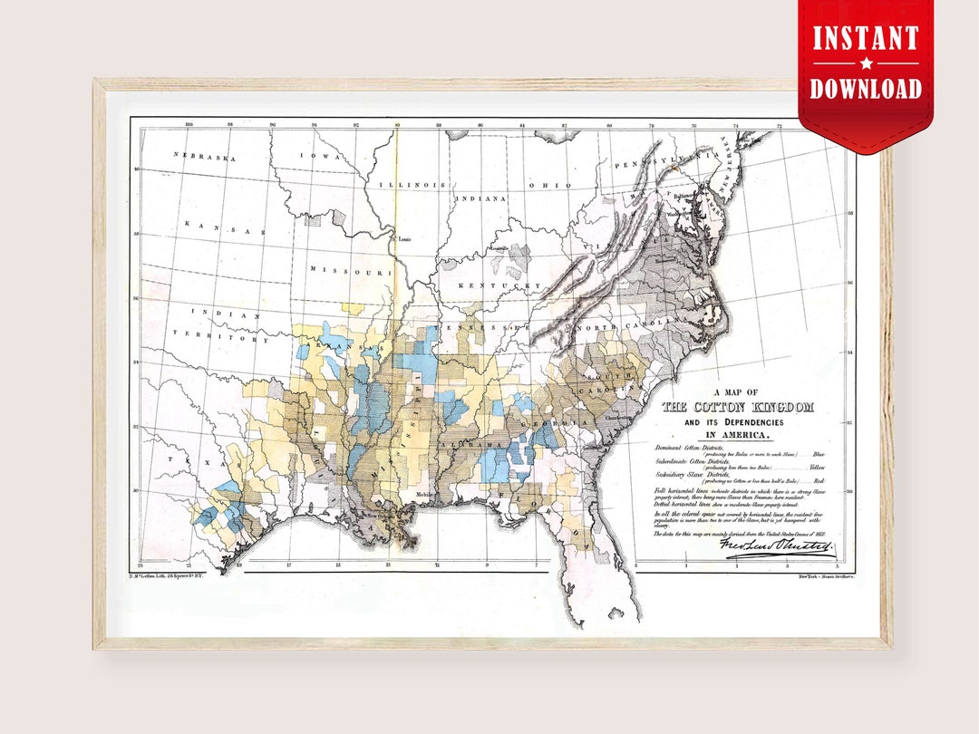 Cotton & Slavery Map of Shame USA Digital Print, Slave States History ...