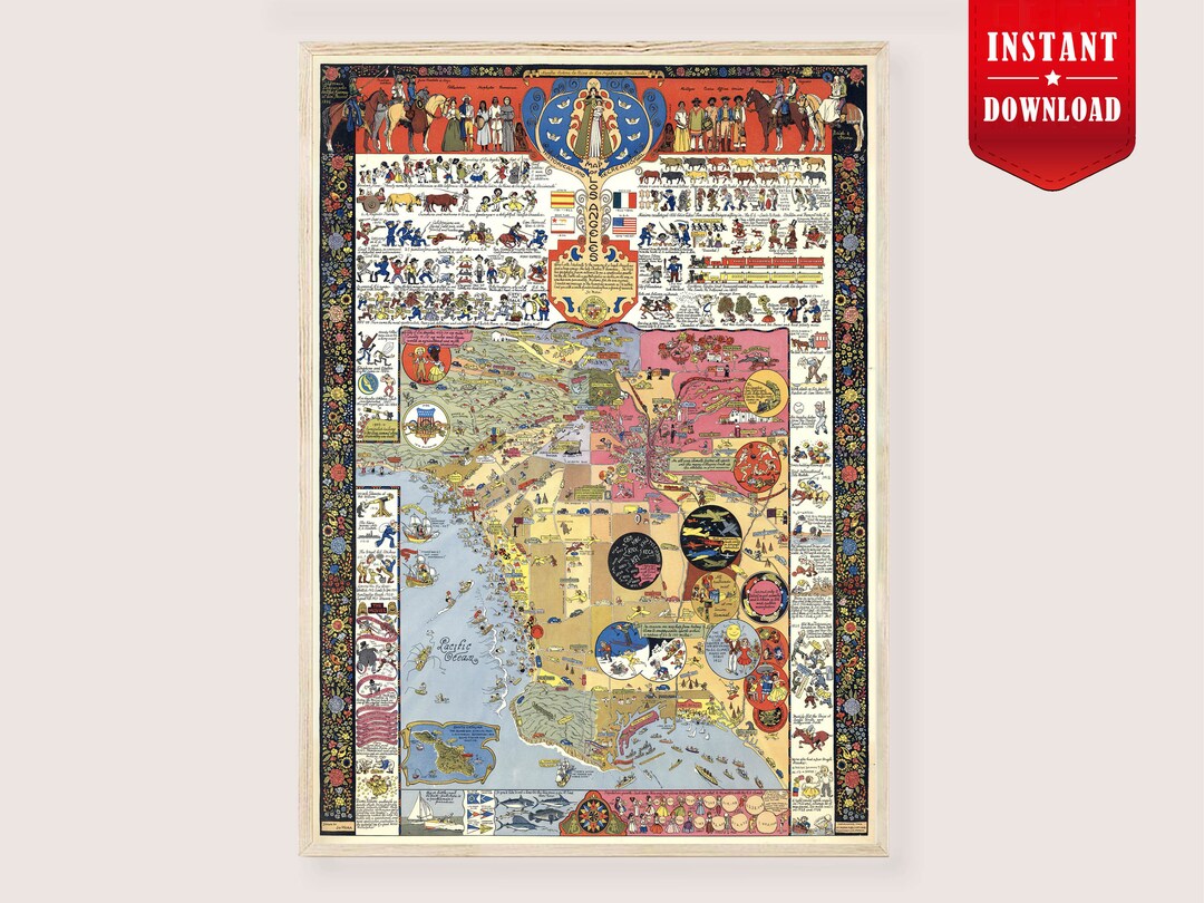 Los Angeles Map Print Digital - Pictorial Los Angeles Print Vintage Los ...