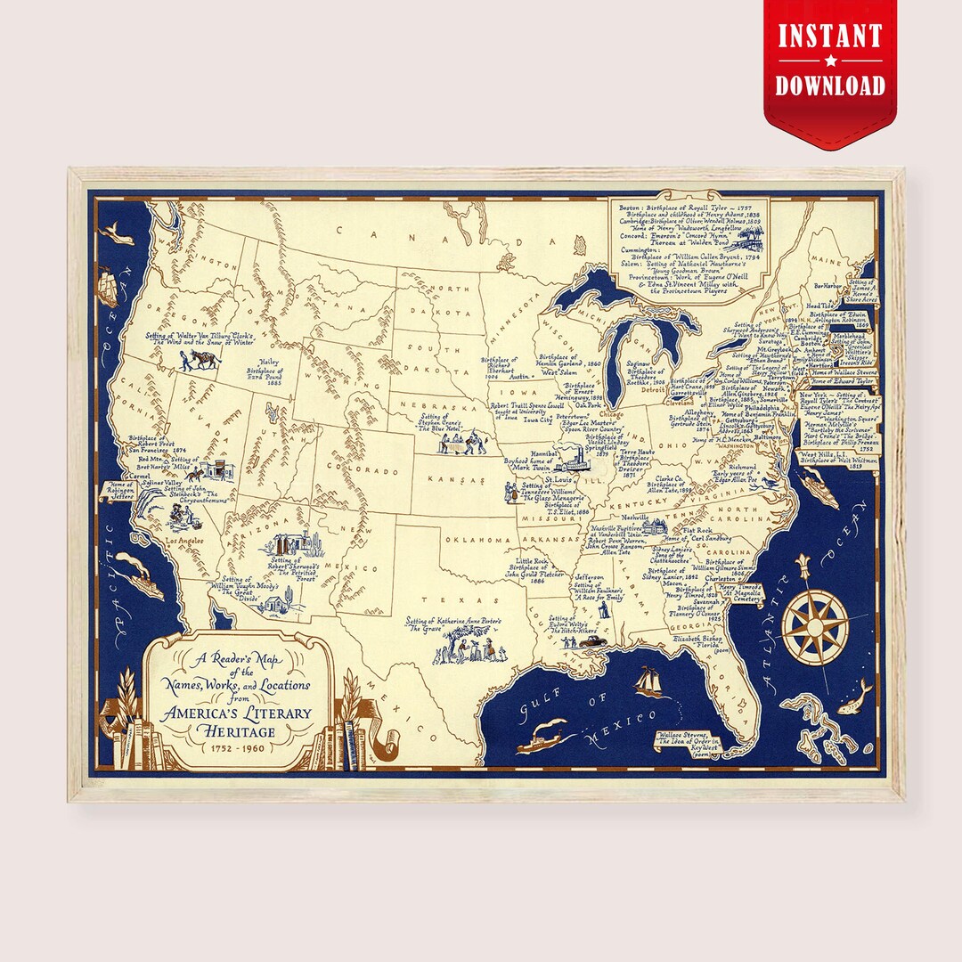 Literary Map of America Download Retro Book Map America Pictorial Map ...