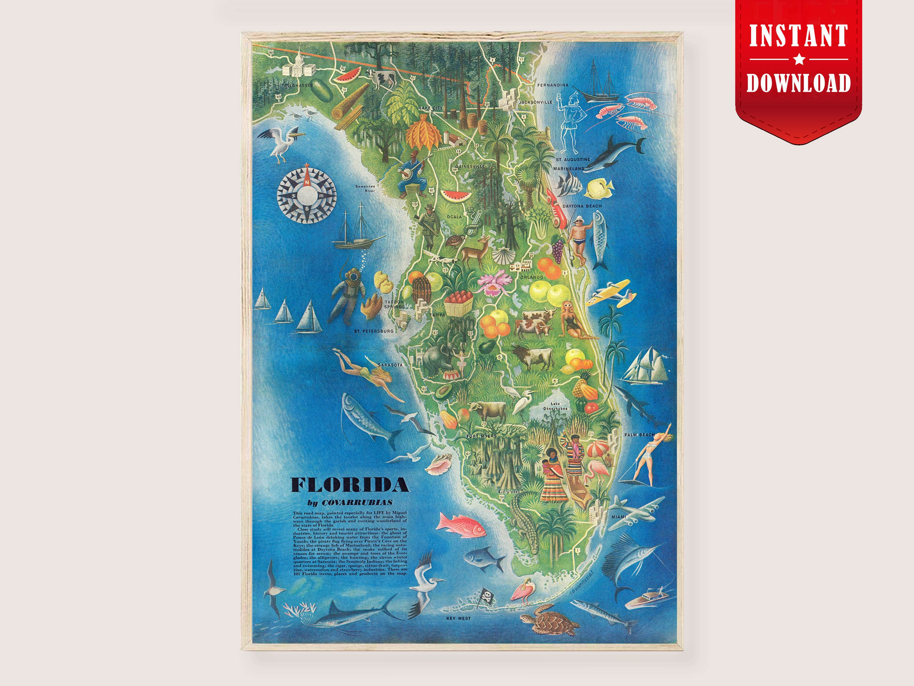 Florida Map Art Print Digital Old Florida State Poster Download ...