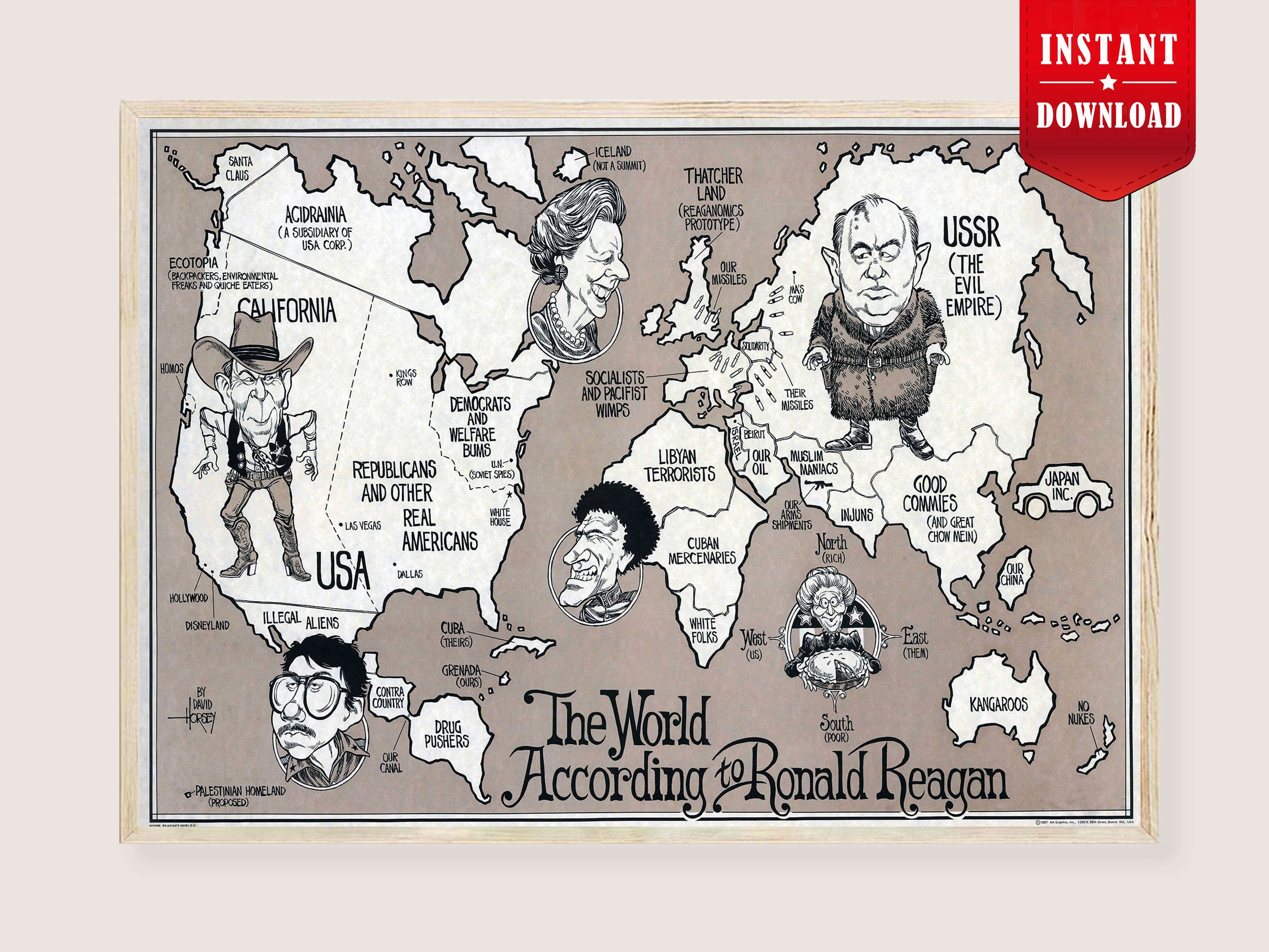Funny World Map Ronald Reagan Digital, Political Poster Satirical World ...
