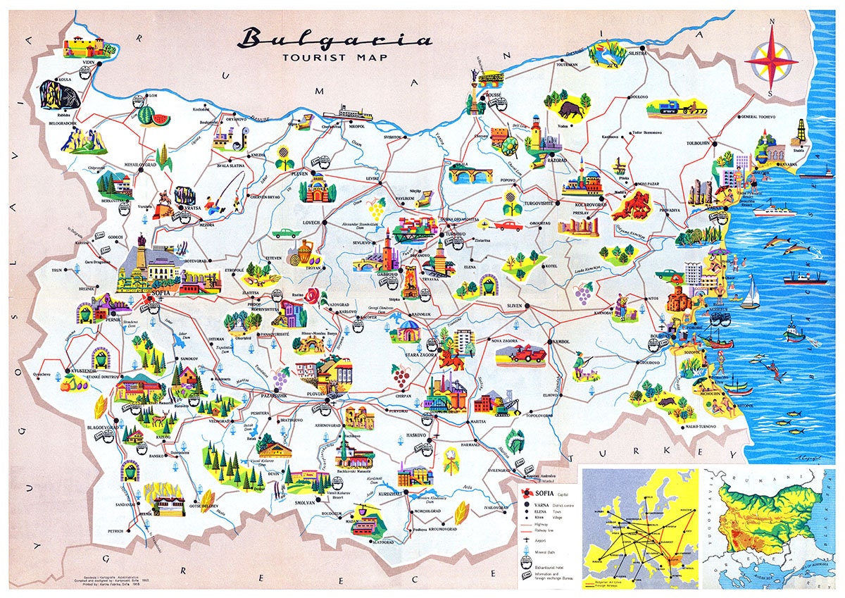 Bulgaria 1963 Vintage Map Old Sofia - Illustrated Print Eastern Europe ...