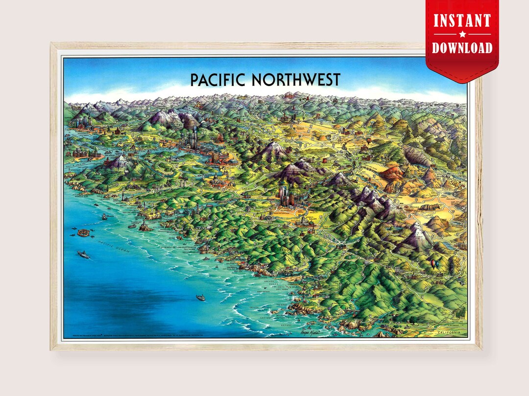 Pacific Northwest Map USA Art Print Digital - Oregon Idaho Art Poster ...