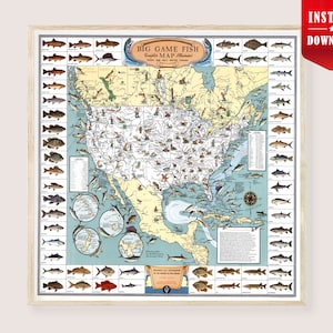 Big Game Fish Map Download- Fish Map of the US Big Game Poster Digital ...
