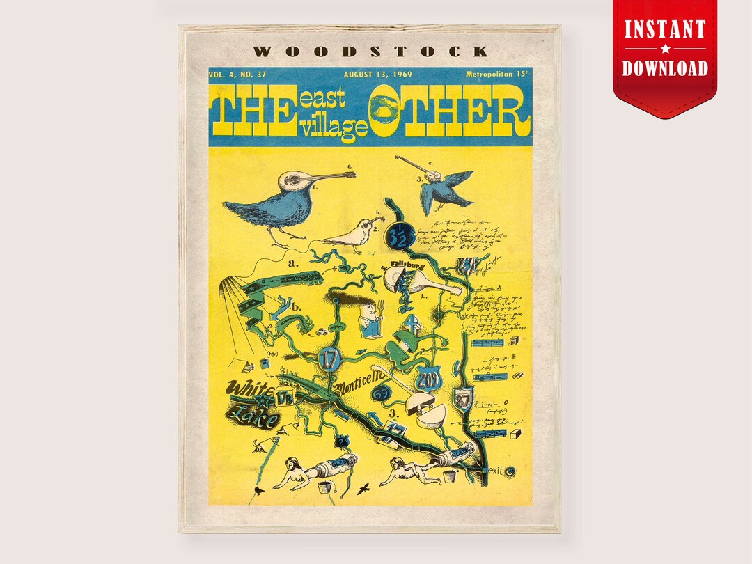 Woodstock Poster 1969 Art Print Digital - Woodstock Concert Map Print ...