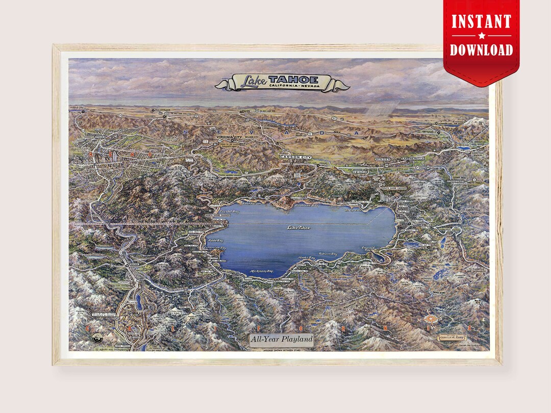 Lake Tahoe Map Art California Poster - Old Map Nevada 1965 Digital ...