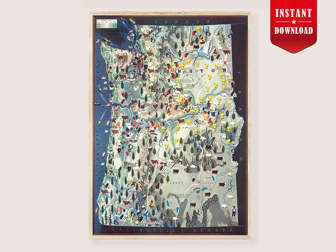 Retro Washington Map Digital - Old Oregon Map Pictorial Map US States ...