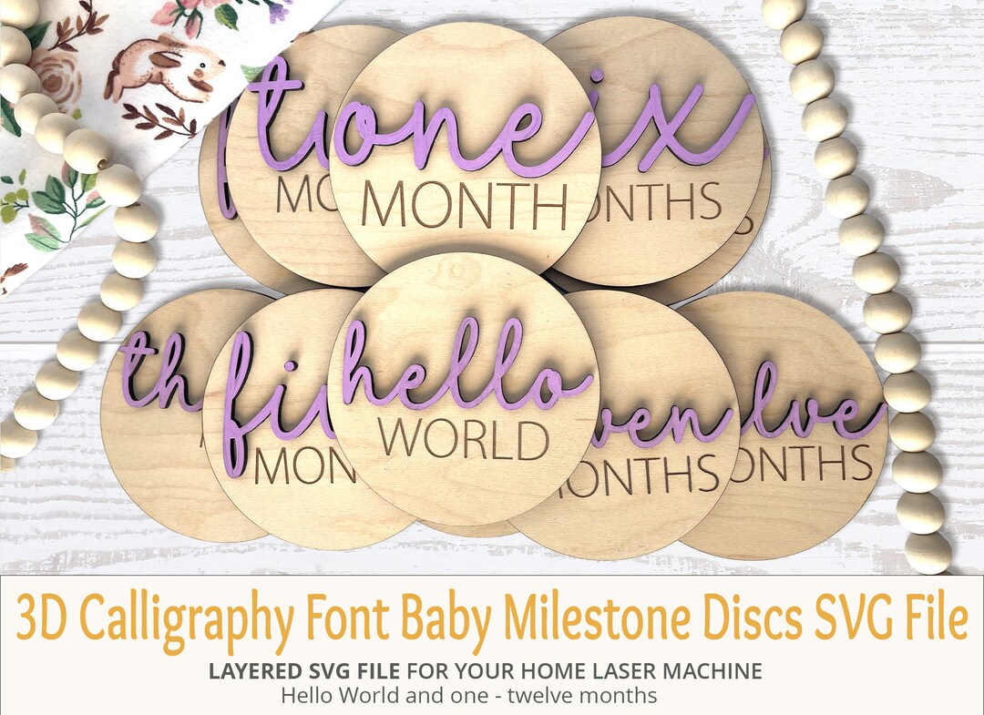 3D Calligraphy Monthly Wooden Baby Milestone Discs Markers SVG File ...