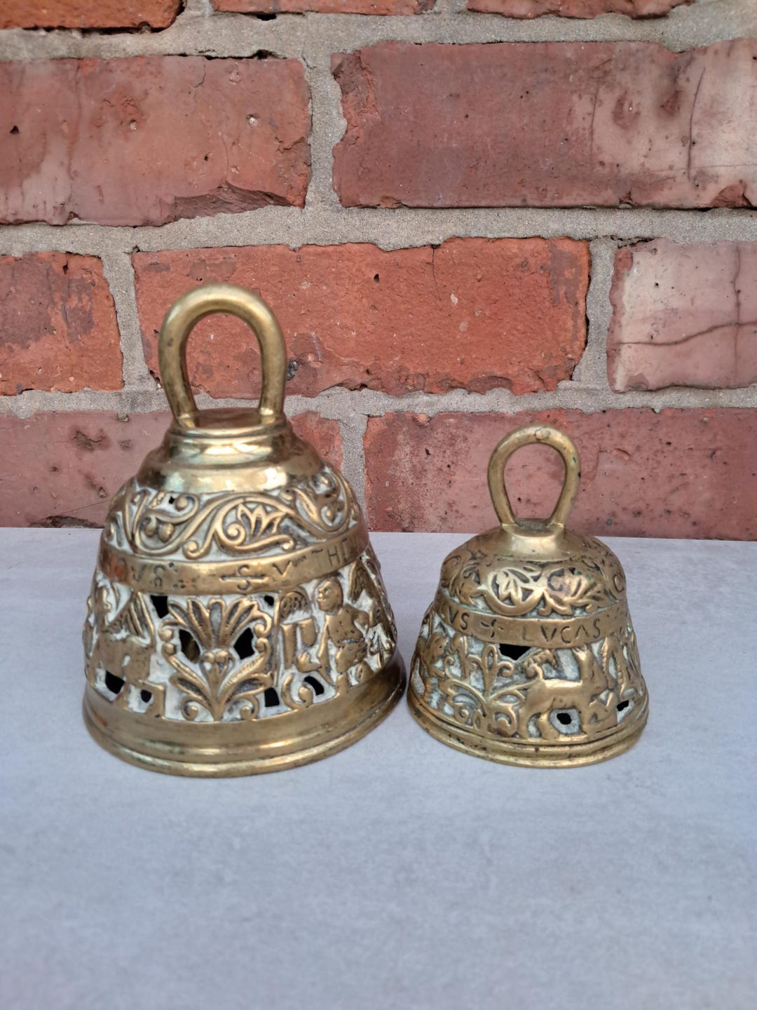 Two Vintage European Brass Temple / Sanctuary Bells With Animals and ...