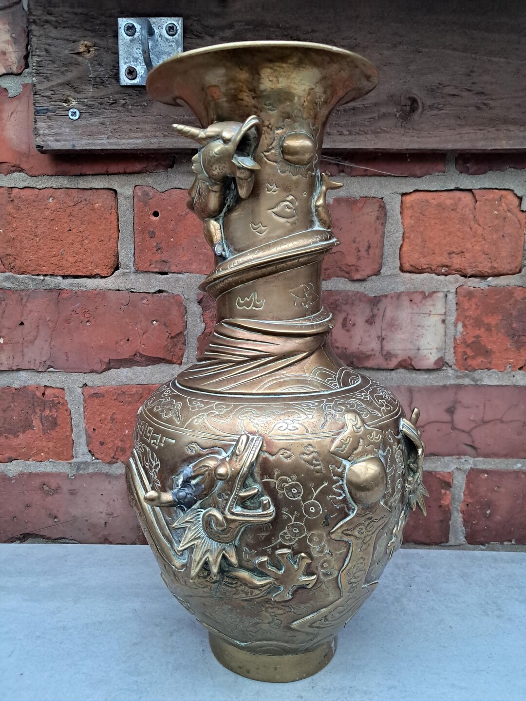 Large Old Chinese Brass Dragon and Pearl Vase With Seal to Base - Etsy
