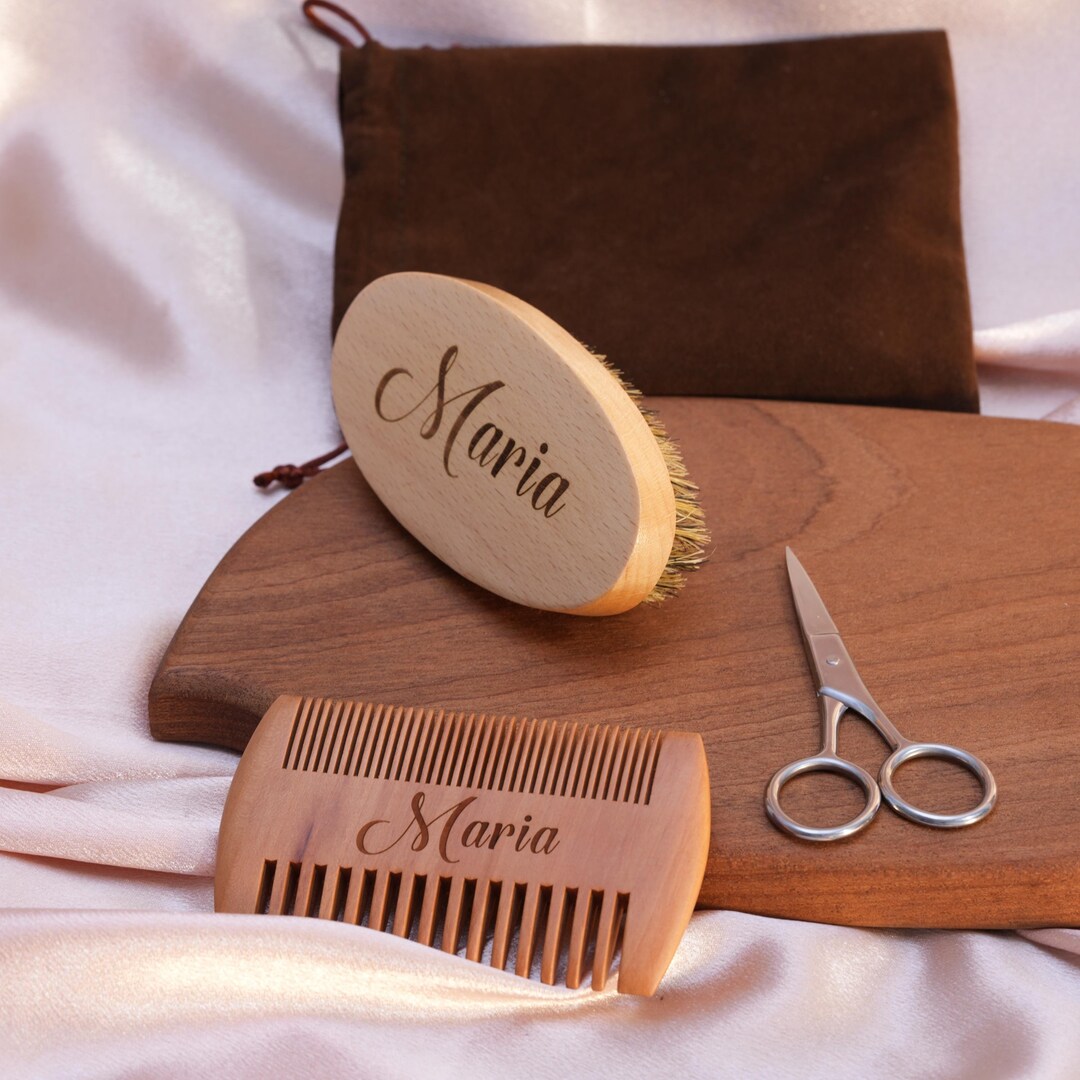 Personalized Wooden Beard Grooming Kit – Brush, Comb & Scissors - Etsy