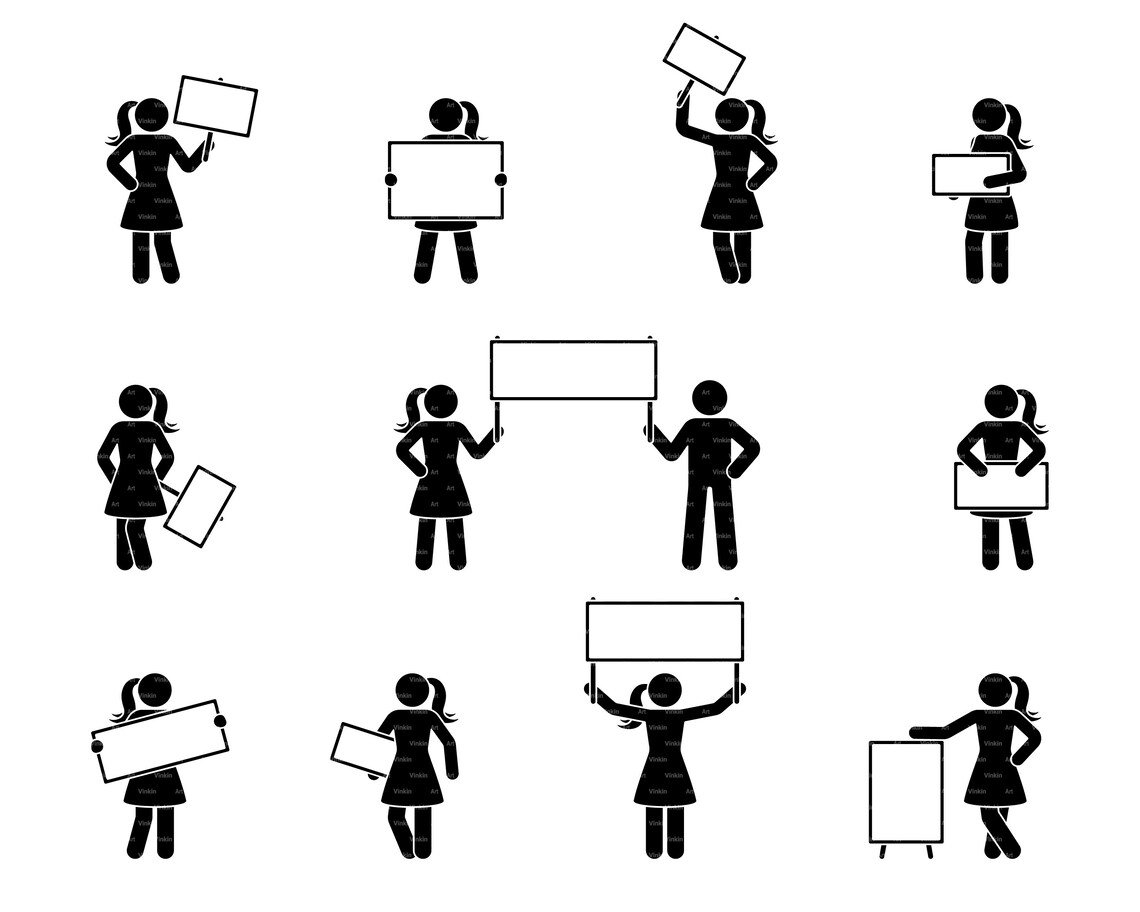 Stick Figure Woman Person People Holding Empty Banner Board - Etsy