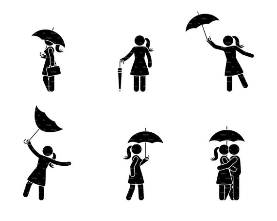 Stick Figure Woman Holding Umbrella Wind Rain Flying Walking - Etsy