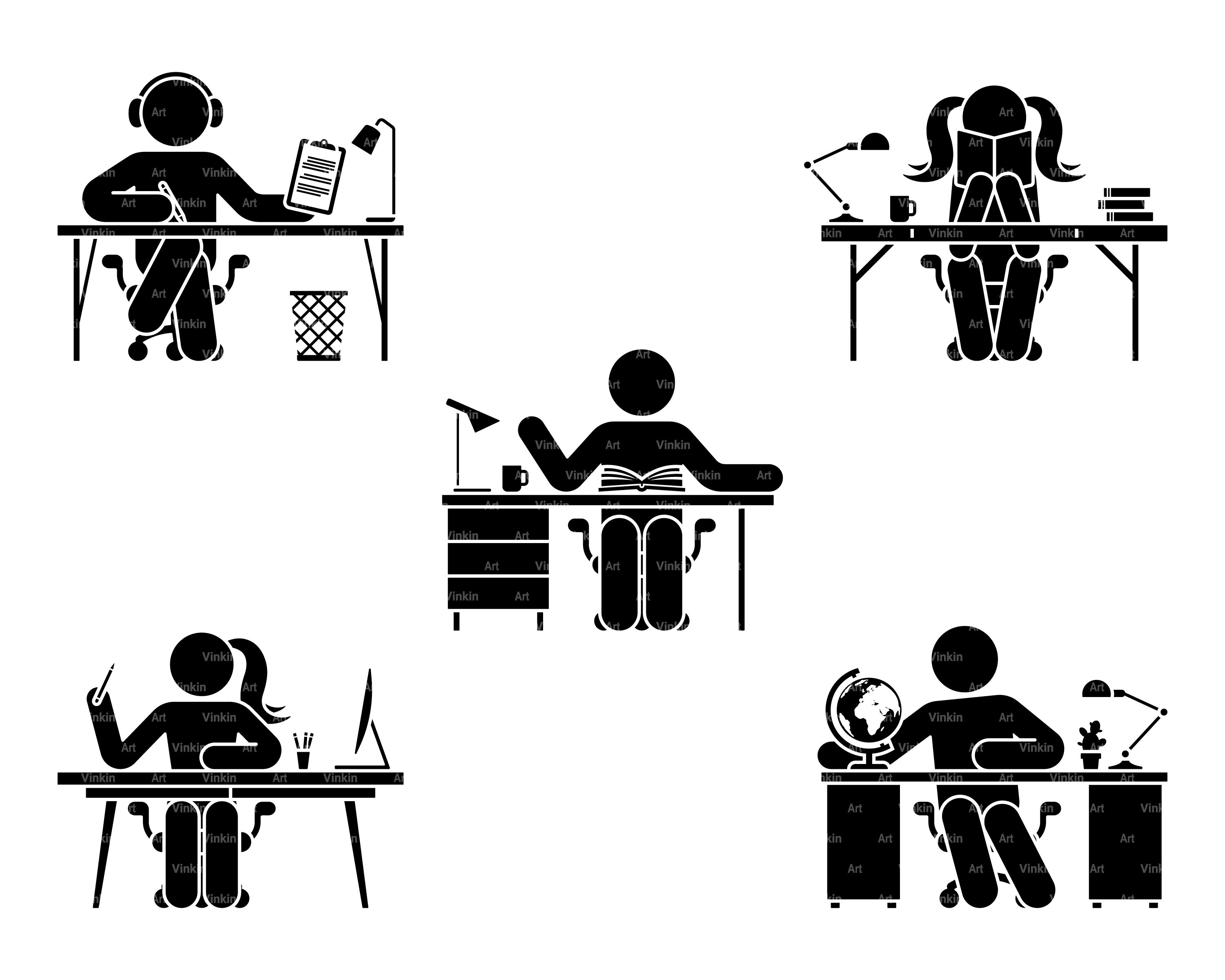 School College Office Stick Figure Man Woman Boy Girl Student Read Book ...