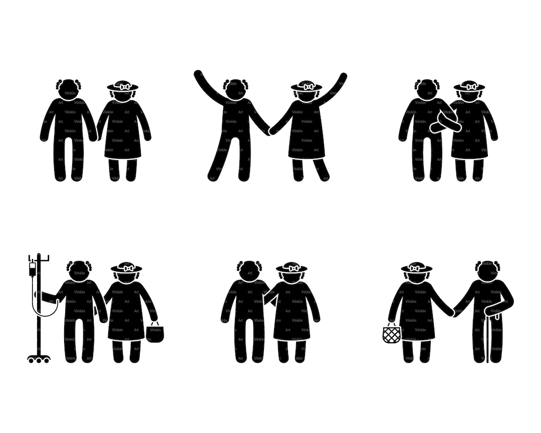 Stick Figure Man Grandpa Grandma Holding Hands Happy Waving Cuddling ...