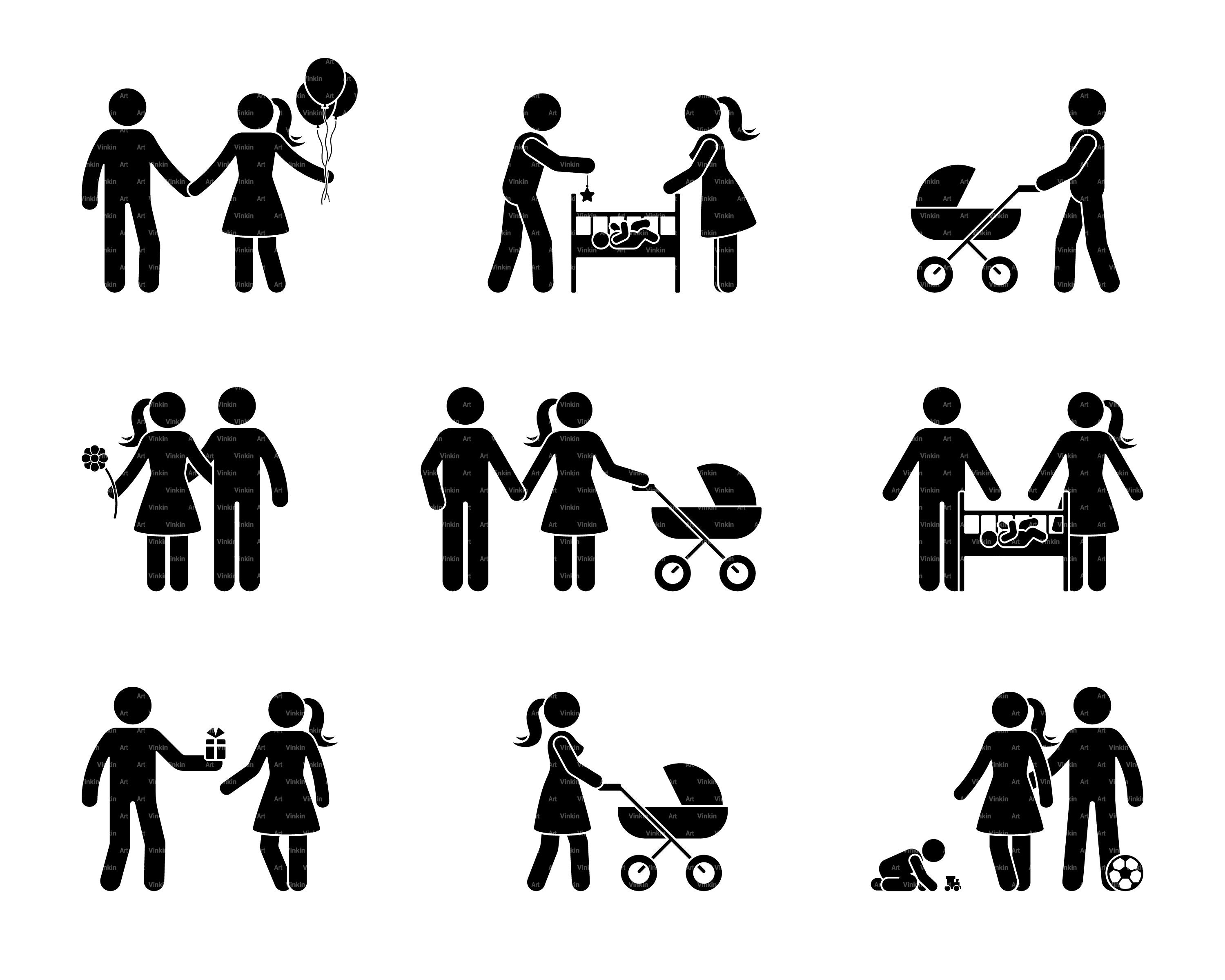 Stick Family Father Mother Stroller Pram Cradle Parents Stick Figure ...