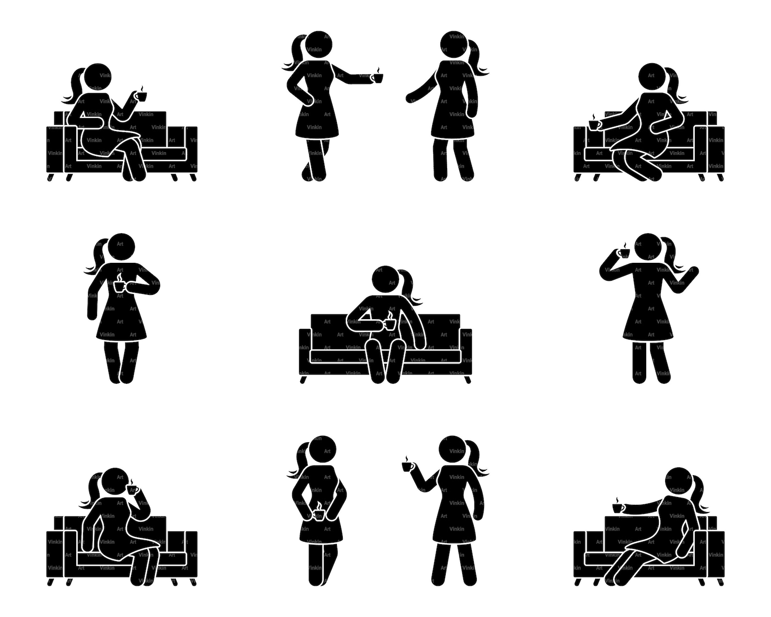 Stick Figure Drink Coffee Tea Cup of Coffee Woman Person People Sit ...