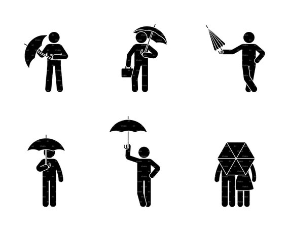 Stick Figure Man With Umbrella Holding Open Close Rain Weather - Etsy