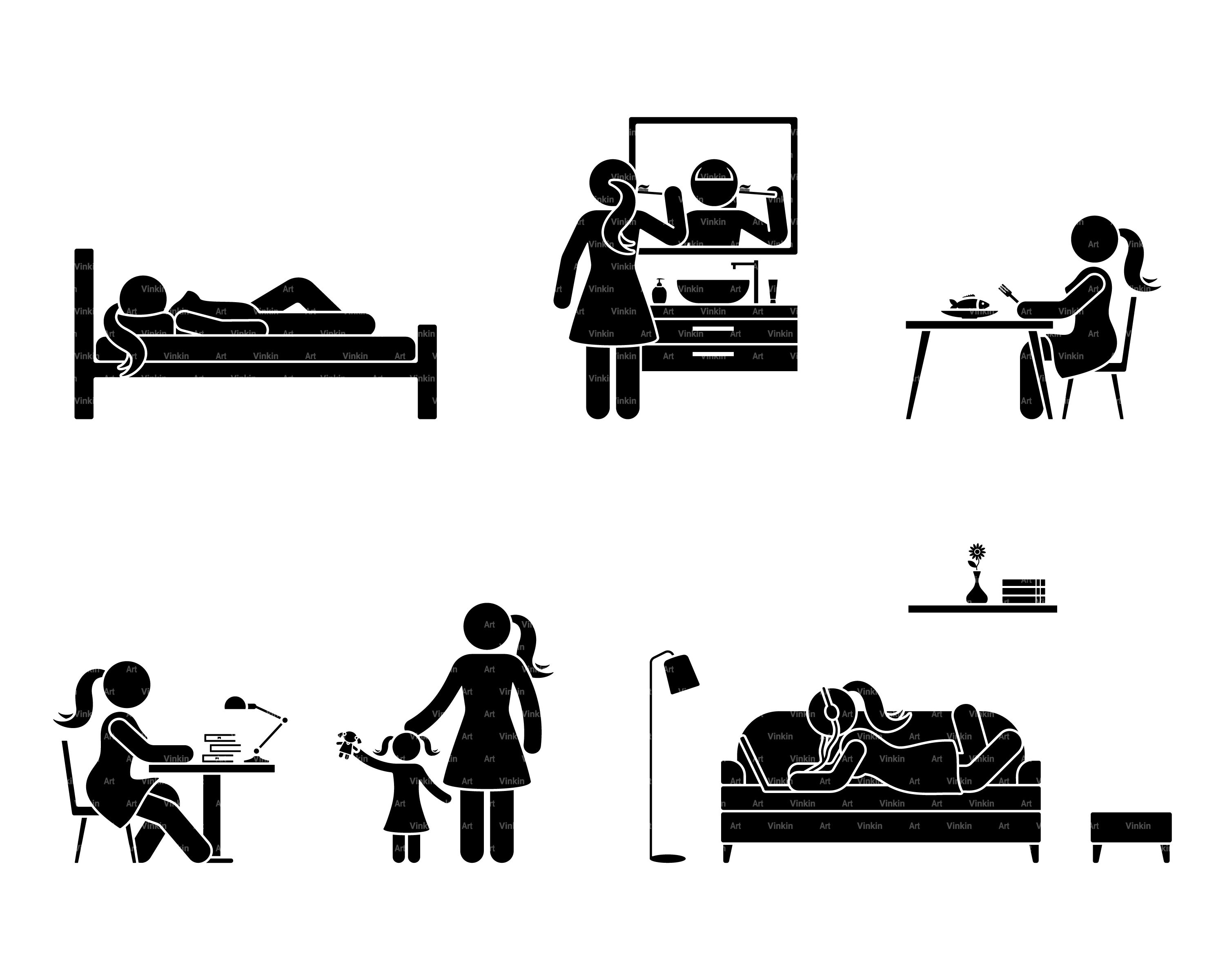 Everyday Activity Stick Figure Woman People Man Sleep Eat Sit Desk Work ...