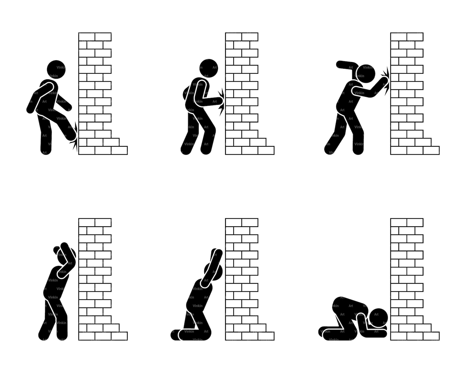 Stressed Stick Figure Man Hitting Brick Wall Beating Angry Man on Knees ...