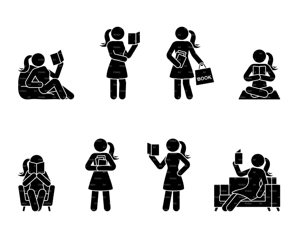 Reading Book Stick Figure Woman Girl Person People Studying Learning ...
