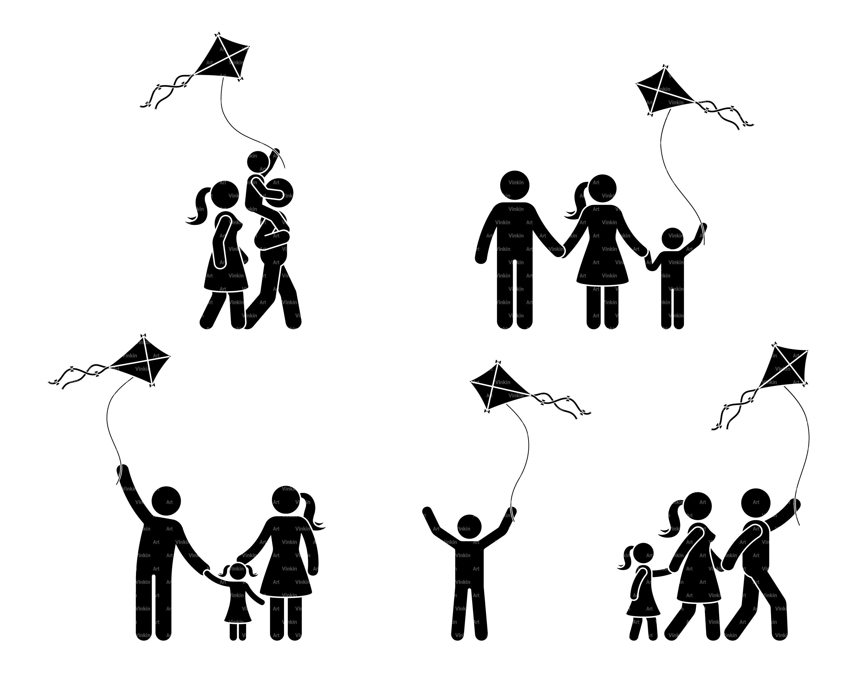 Stick Figure Family Outdoor Fun Paper Kite Walking Parents Children ...