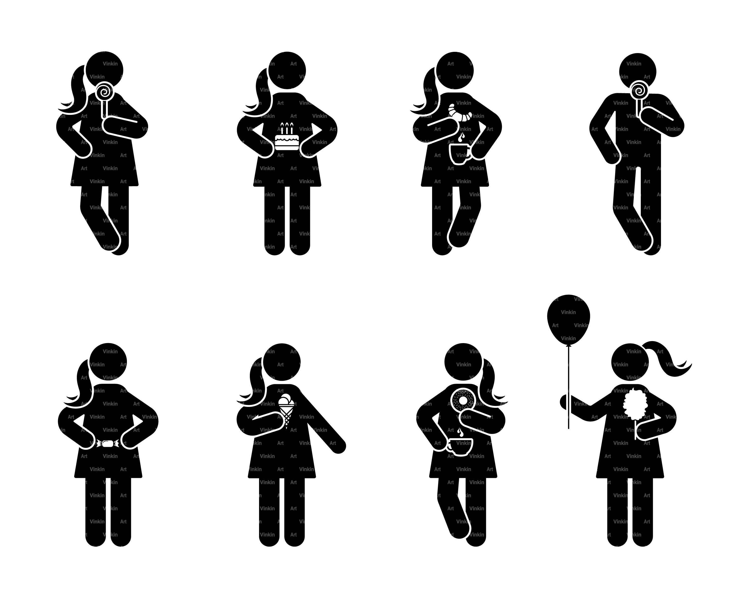 Stick Figure Woman Eating Sweets Candy Lollipop Birthday Cake Croissant ...