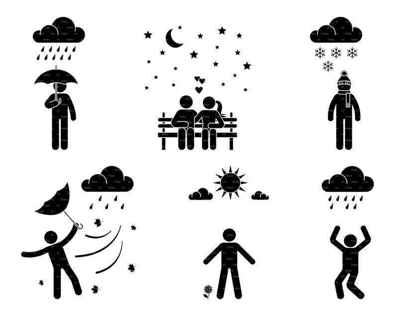 Weather Clipart Stick Figure Man Umbrella Rain Snow Wind Sun Moon Night ...
