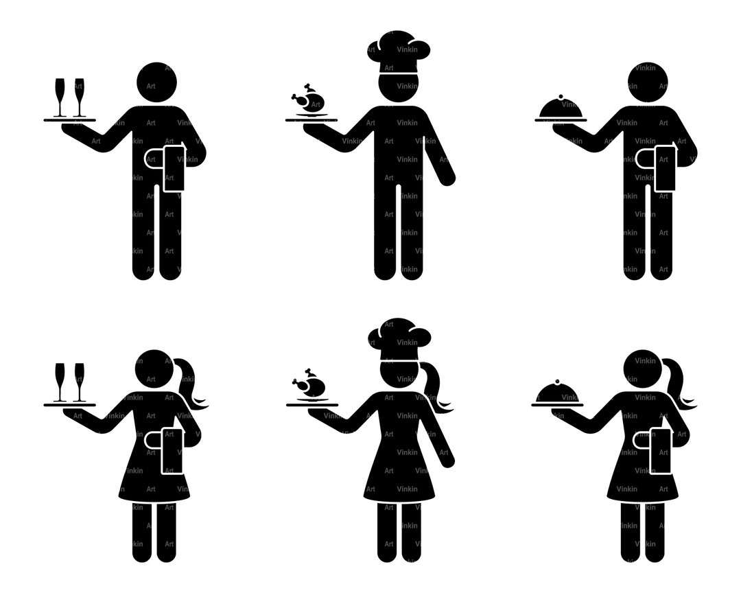 Waiter Waitress Chef Cook Stick Figure Man Woman Vector Icon Worker ...