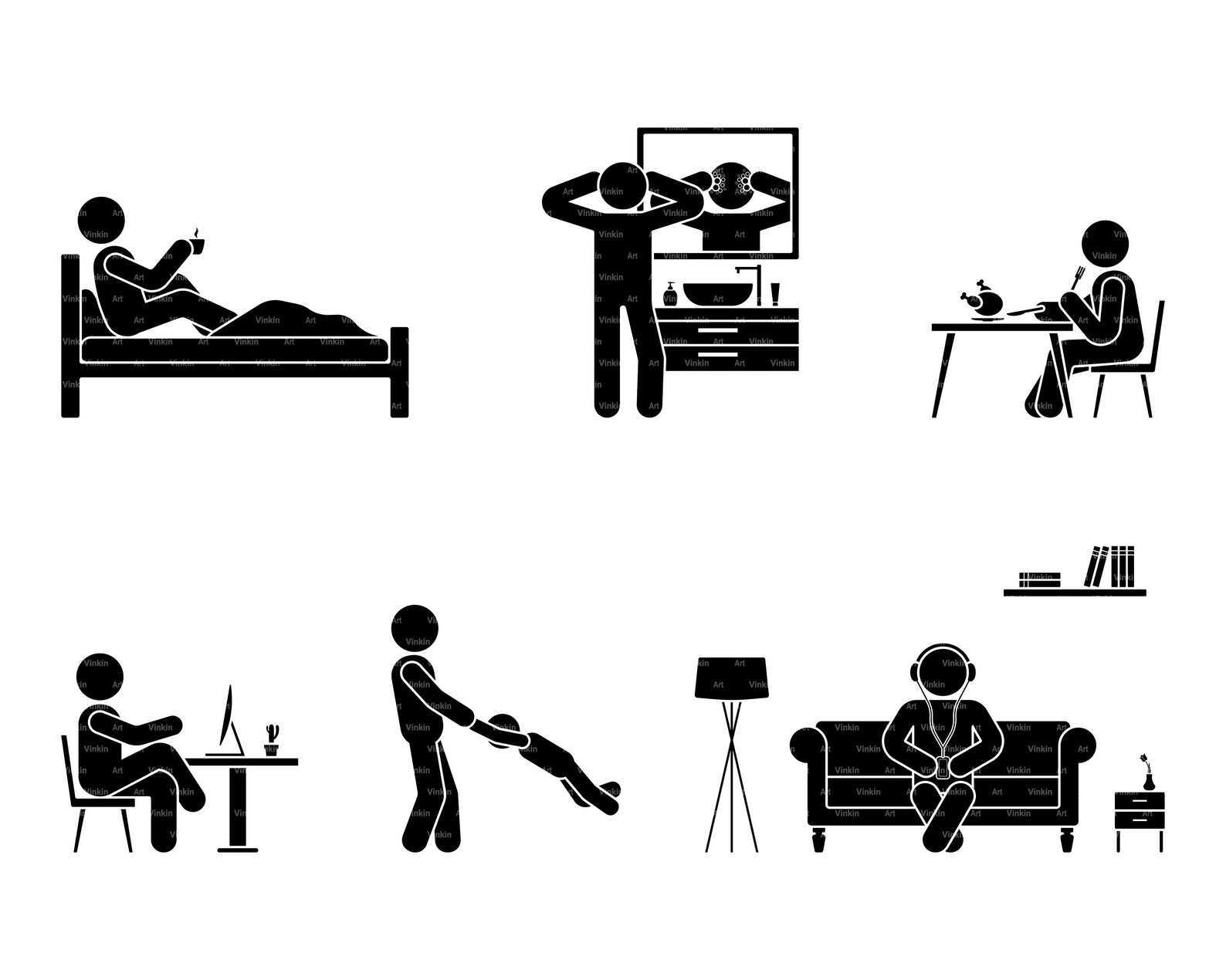 Stick Figure Man Wake up Drink Coffee Wash Face Have Breakfast Dinner ...