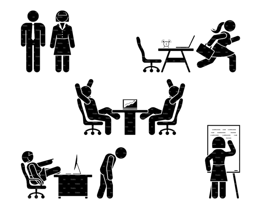 Stick Figure Business Man Woman Office Work Job Boss Team Wear Sit at ...