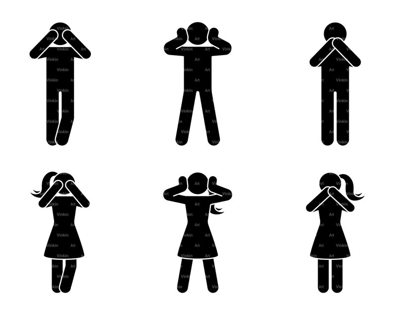 Three Wise Monkey See Hear Speak No Evil Stick Figure Man People Vector ...