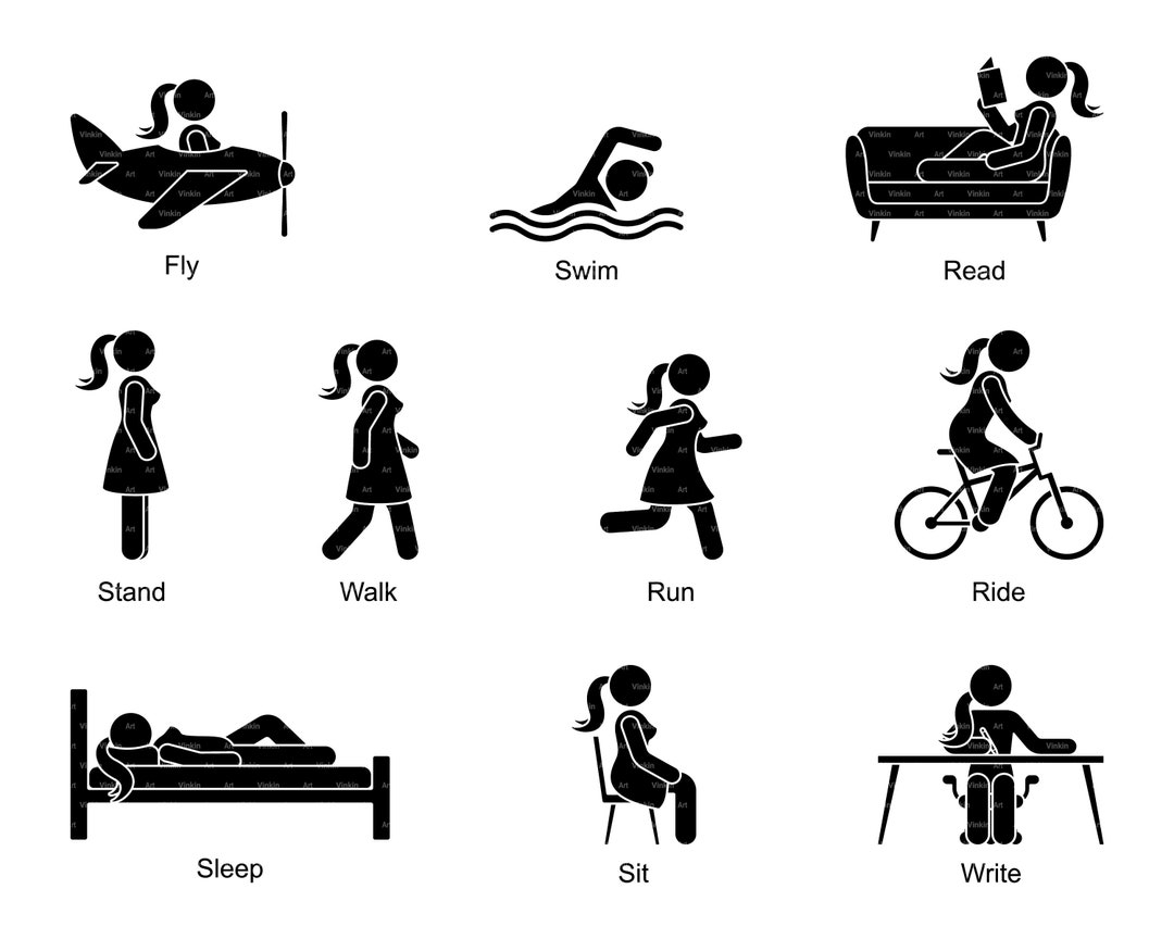 Active Verbs Stick Figure Woman Girl People Flying Swimming Reading ...