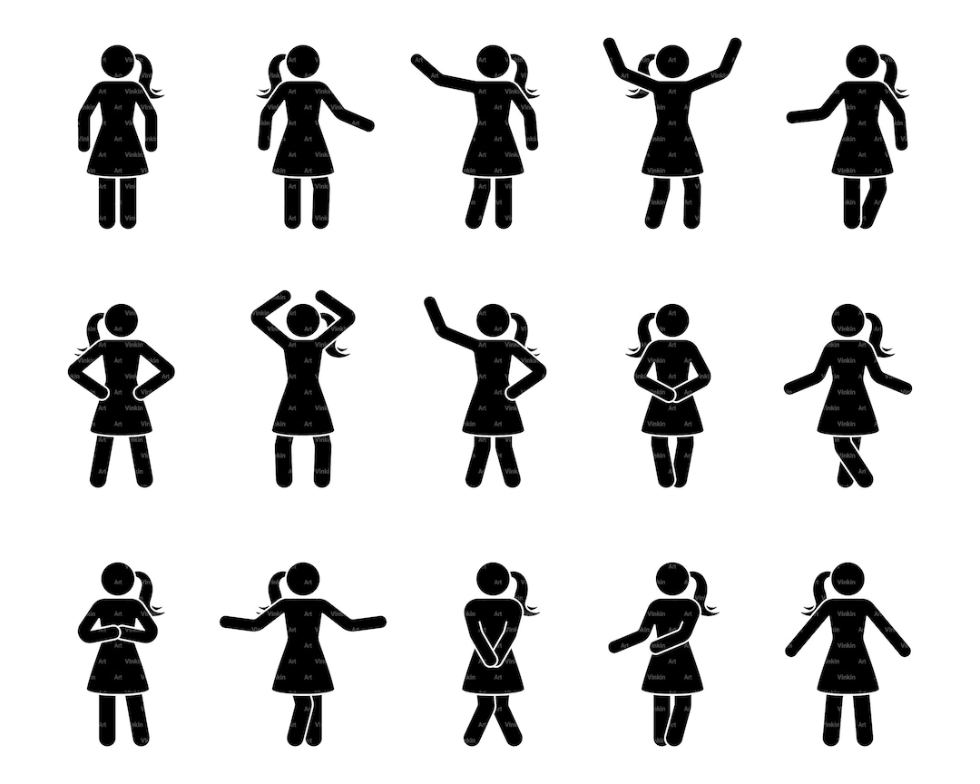 Standing Front View Stick Figure Woman Girl Lady Poses Postures ...