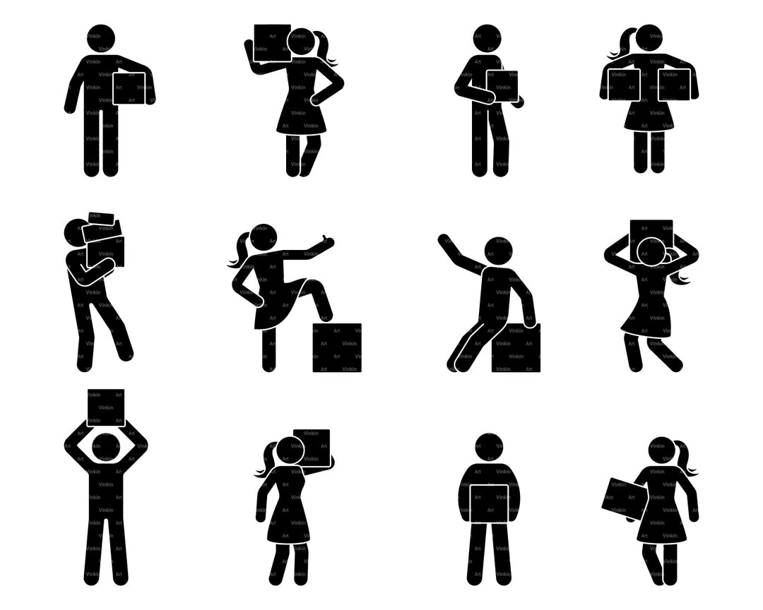 Carry Box Stick Figure Man Woman Pictograms Hold Remove Push Pull Lift ...