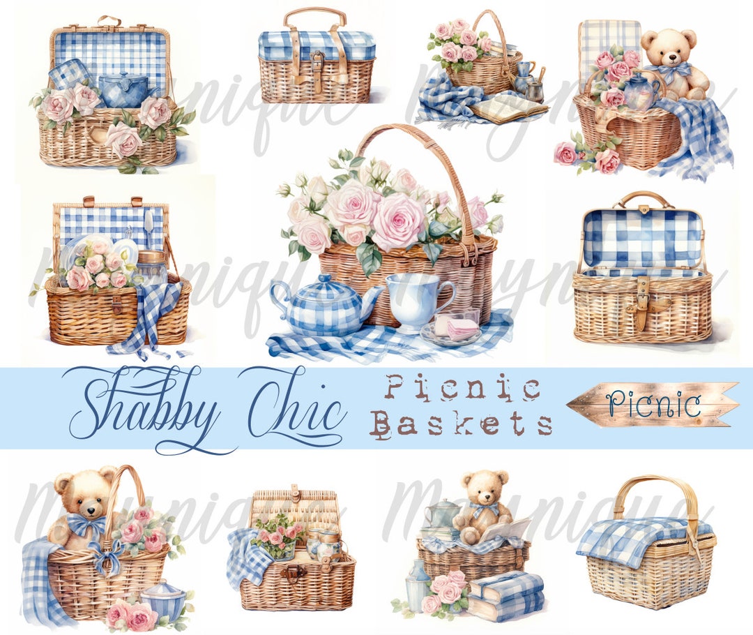 Watercolor Picnic Basket Clipart, Blue Checker Table Cloth and Pink ...