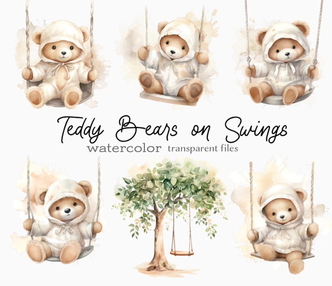 Watercolor Teddy Bears on Swings Clipart Bundle for Boho Style, Child ...