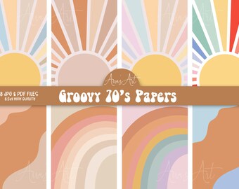 Retro Groovy Paper Patterns Sun Rays Digital Paper Scrapbook Digital ...