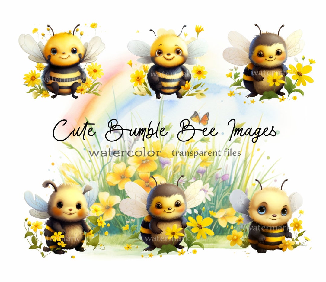 Watercolor Cute Bumble Bees in Flowers With Rainbow Background Clipart ...