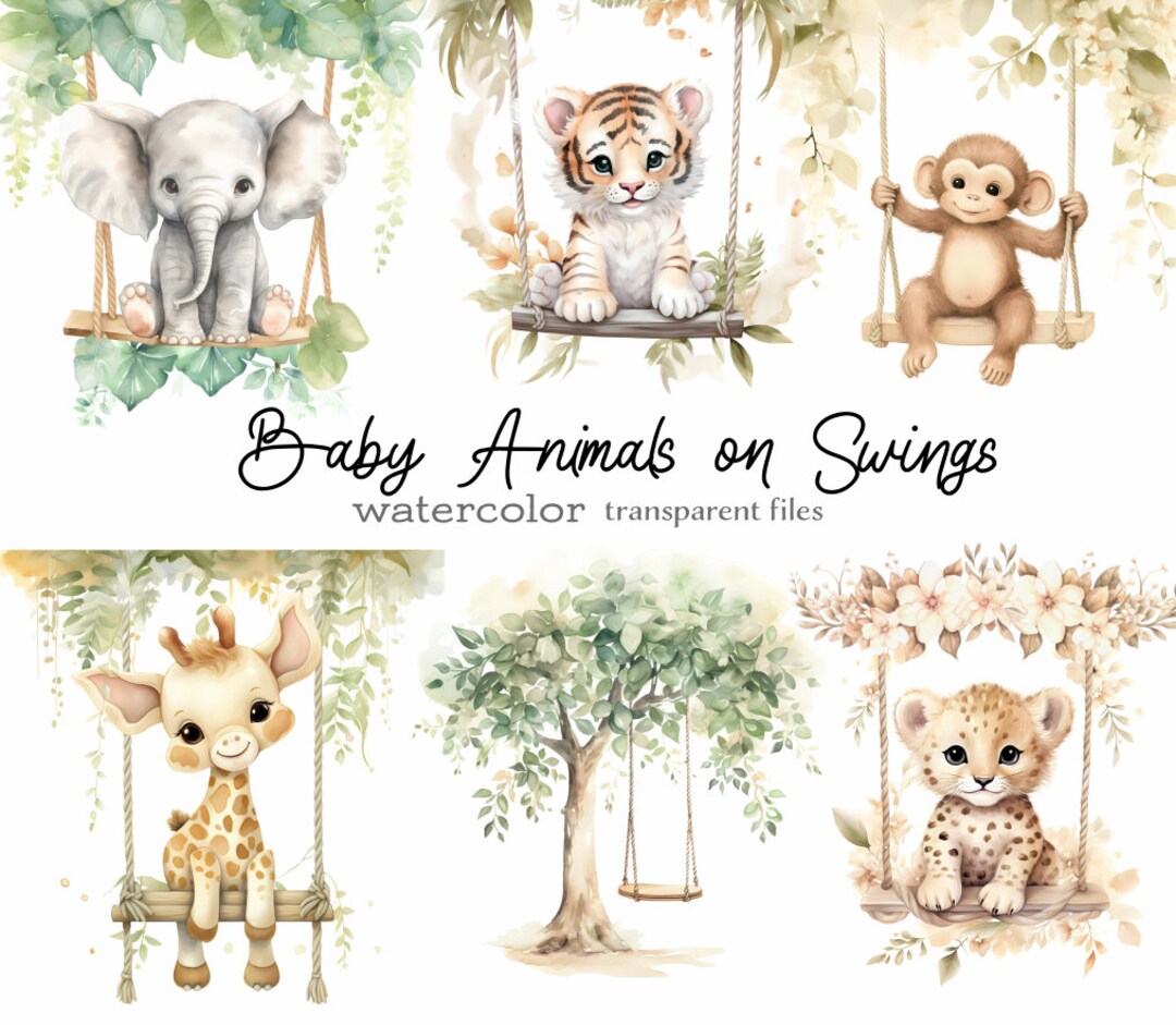 Watercolor Safari Animals on Swings Clipart Bundle for Boho Style ...
