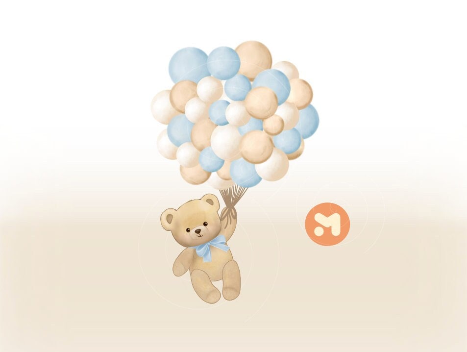 Teddy Bear Hanging From Balloon Neutral Colors Teddy Bear Baby Shower ...