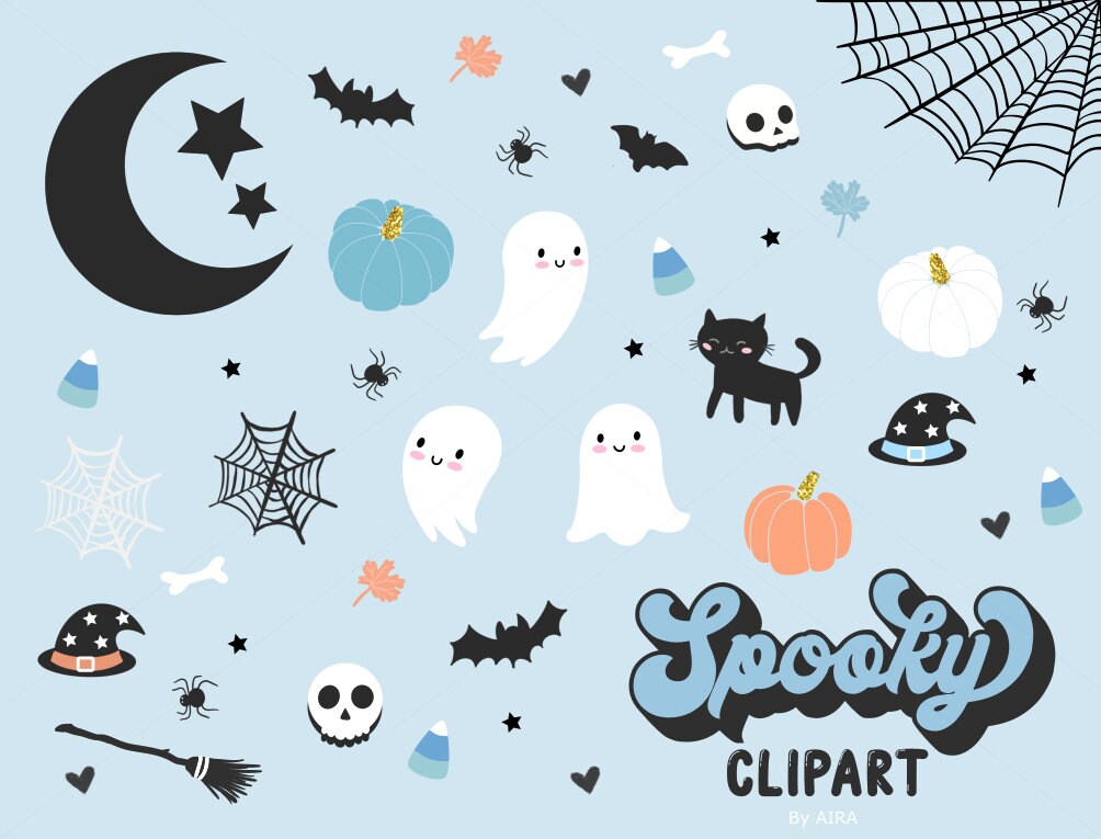 Halloween Clipart Ghost Cat Spider Web Moon Witch Skeleton - Etsy