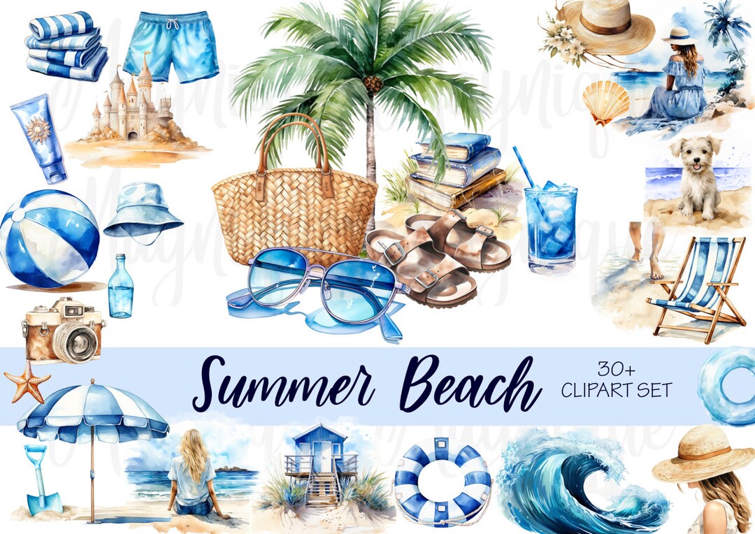 Watercolor Summer Beach Clipart Set, Tropical Boho Digital Files ...