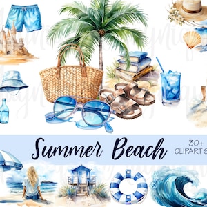 Watercolor Summer Beach Clipart Set, Tropical Boho Digital Files ...